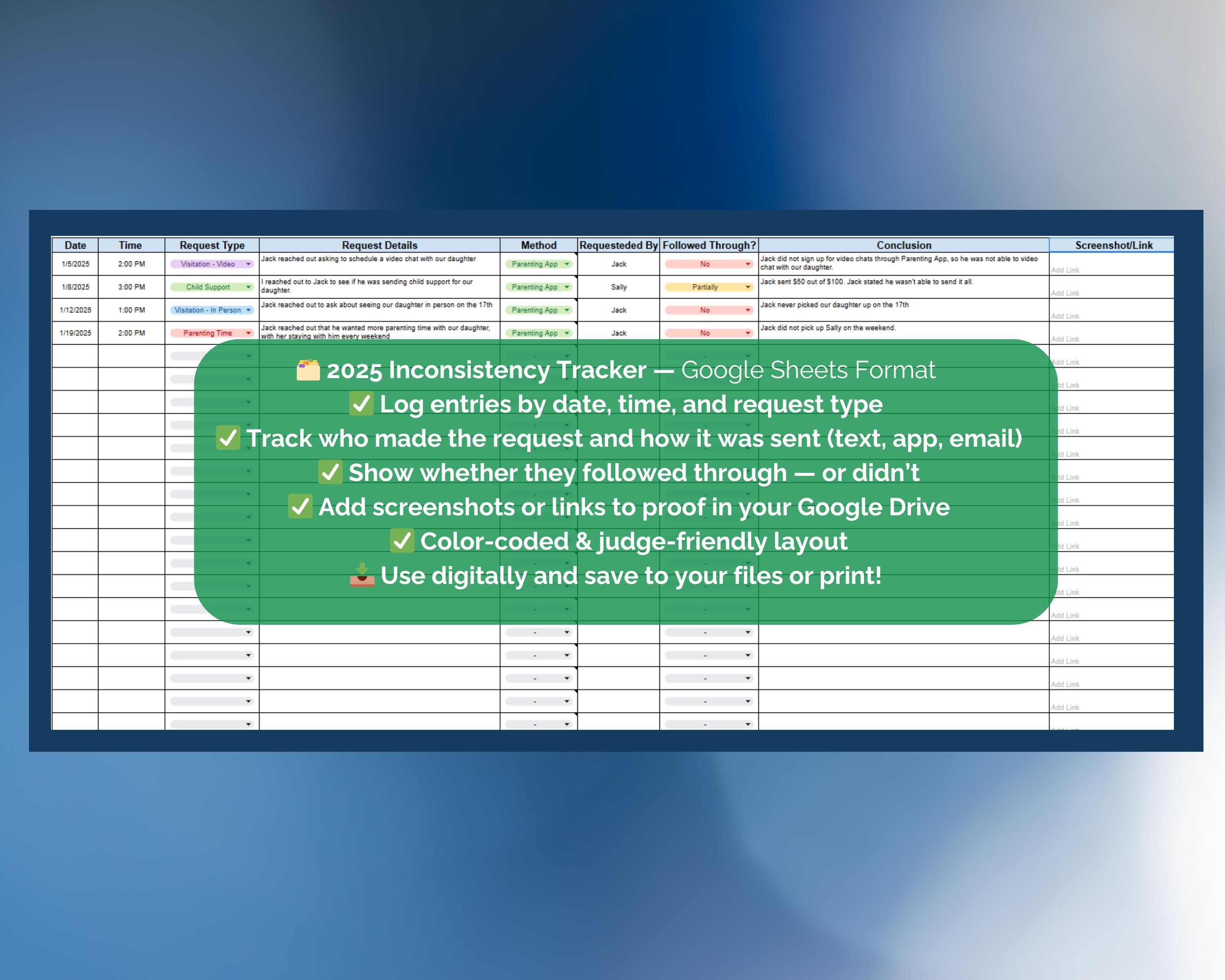 2024 Inconsistency Tracker | Co-parenting Conflict Log | Custody ...