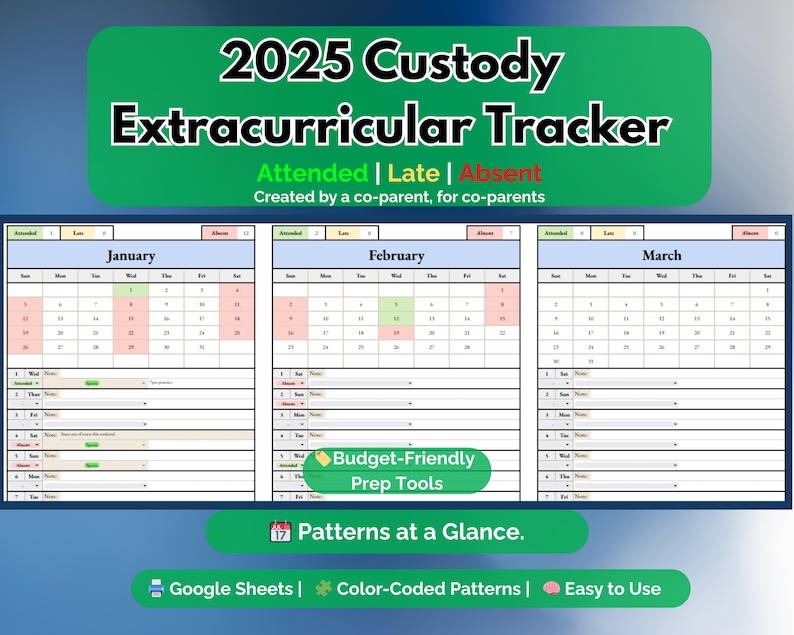 2025 Co-parenting Extracurricular Tracker: Color-coded Attendance ...