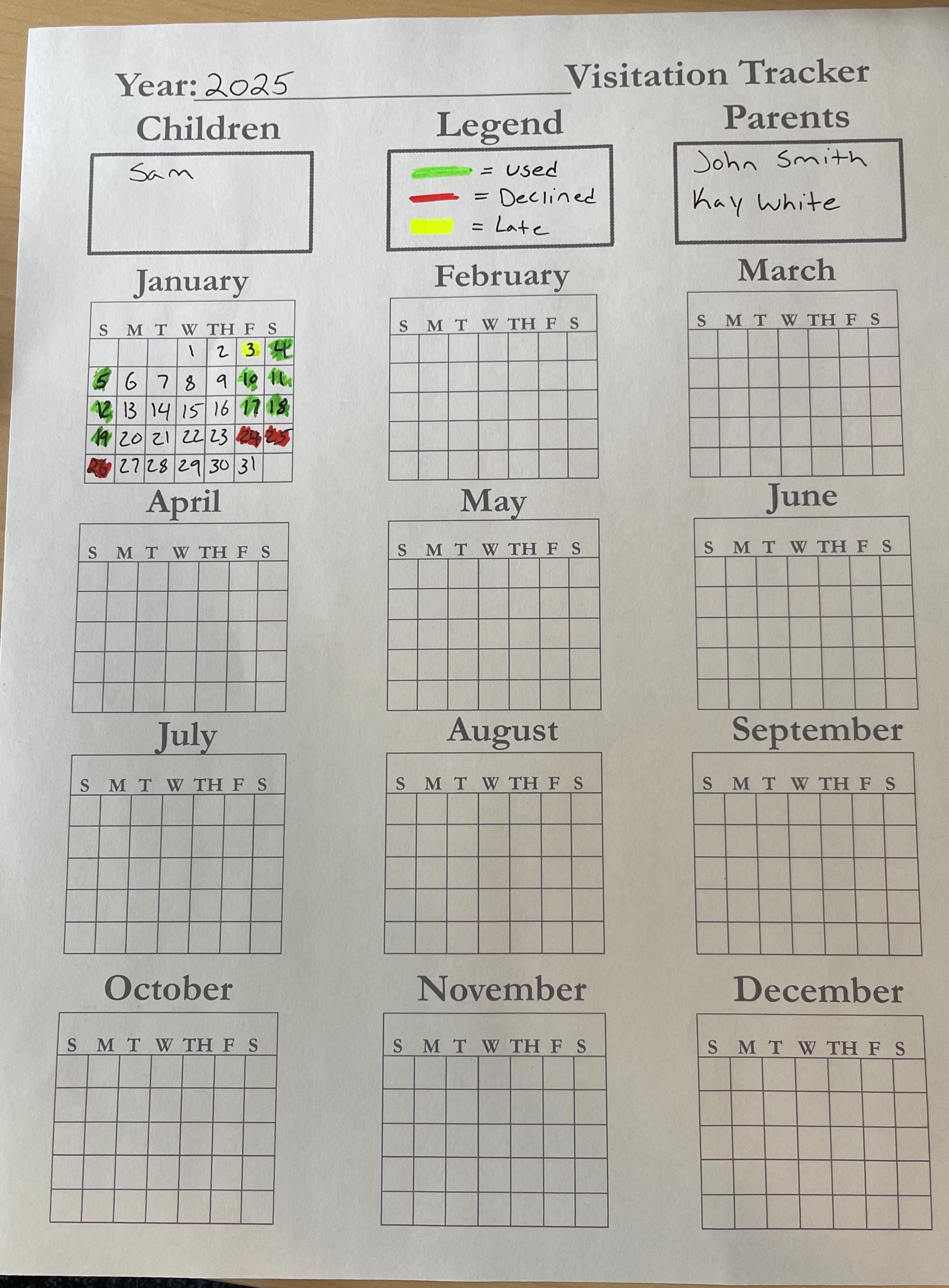Printable Visitation Tracker Calendar | Custody Schedule Log | Co ...