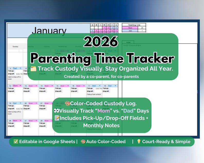 2026 Co-parenting Calendar: Monthly Custody Tracker (google Sheets ...