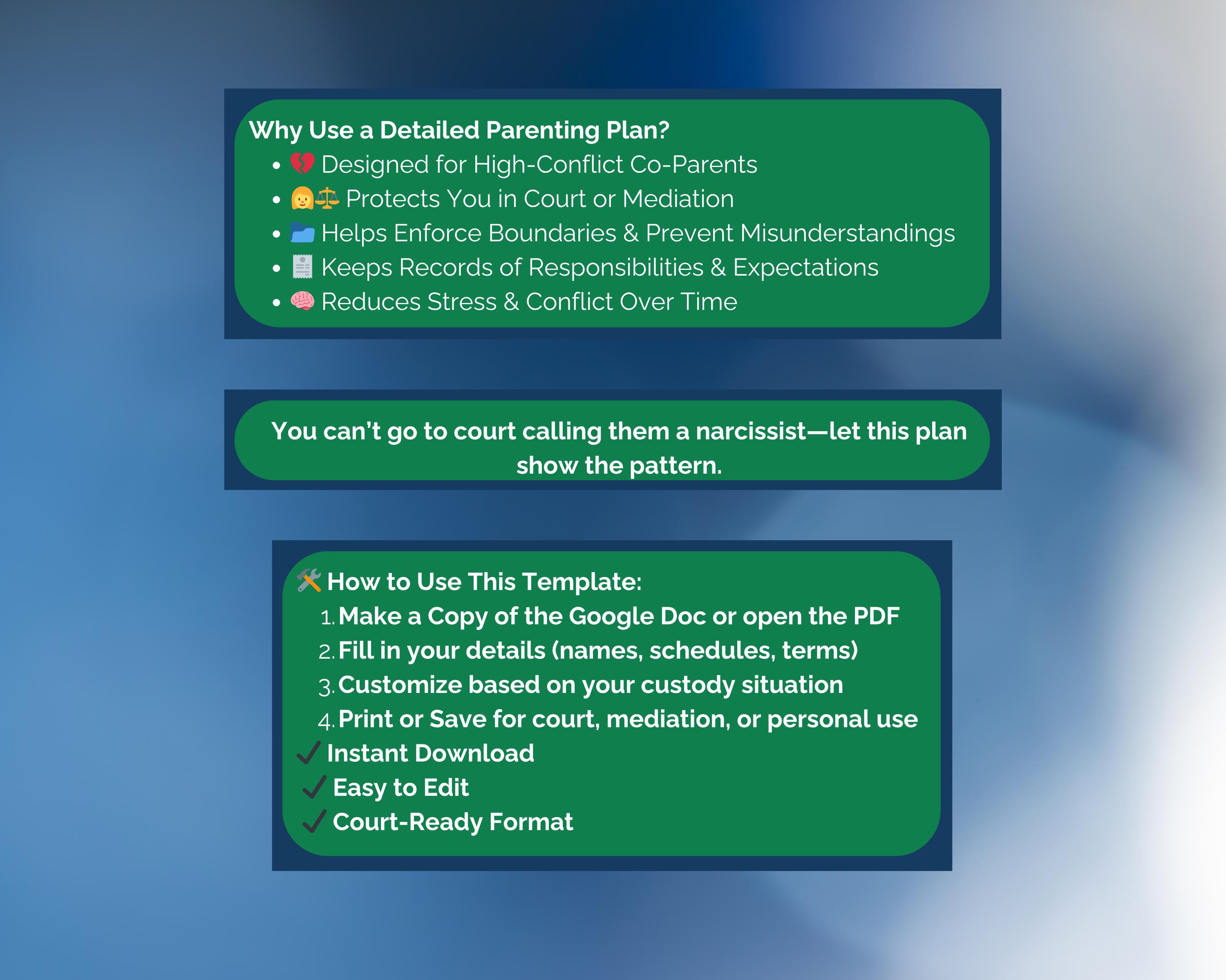 High-conflict Parenting Plan Template: Custody Agreement (PDF + Google ...