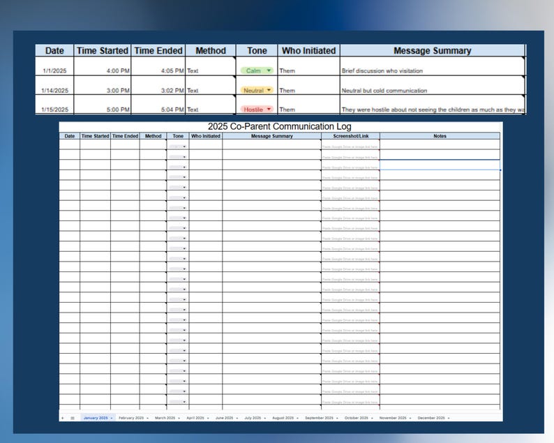 2026 Co-parent Communication Tracker: Custody Log (google Sheets ...
