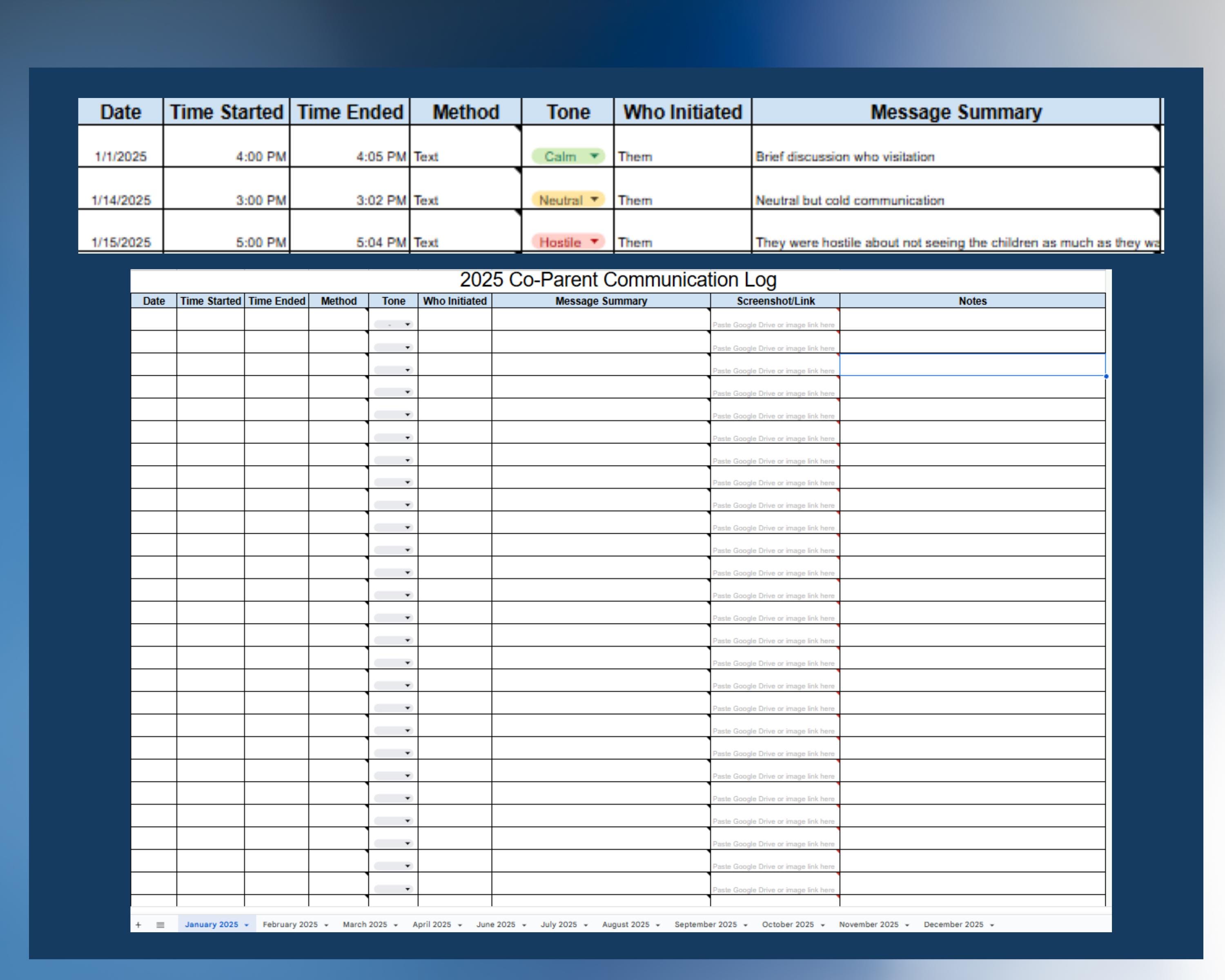 2025 Co-parent Communication Tracker: Custody Log (google Sheets) - Etsy
