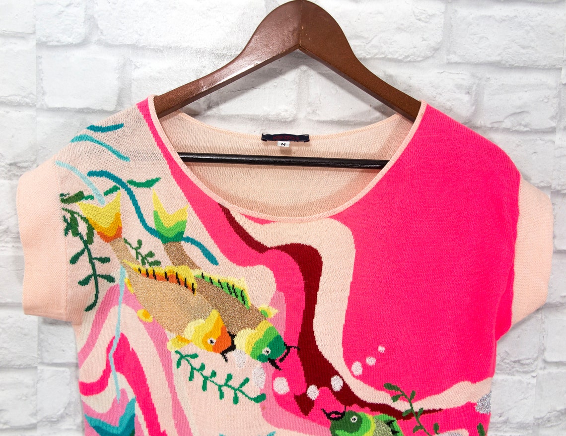 Vintage KENZO Jeans Fish Koi Pattern Short Sleeve Blouse Top Fine Knit ...