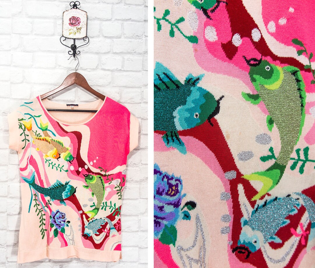 Vintage KENZO Jeans Fish Koi Pattern Short Sleeve Blouse Top Fine Knit ...