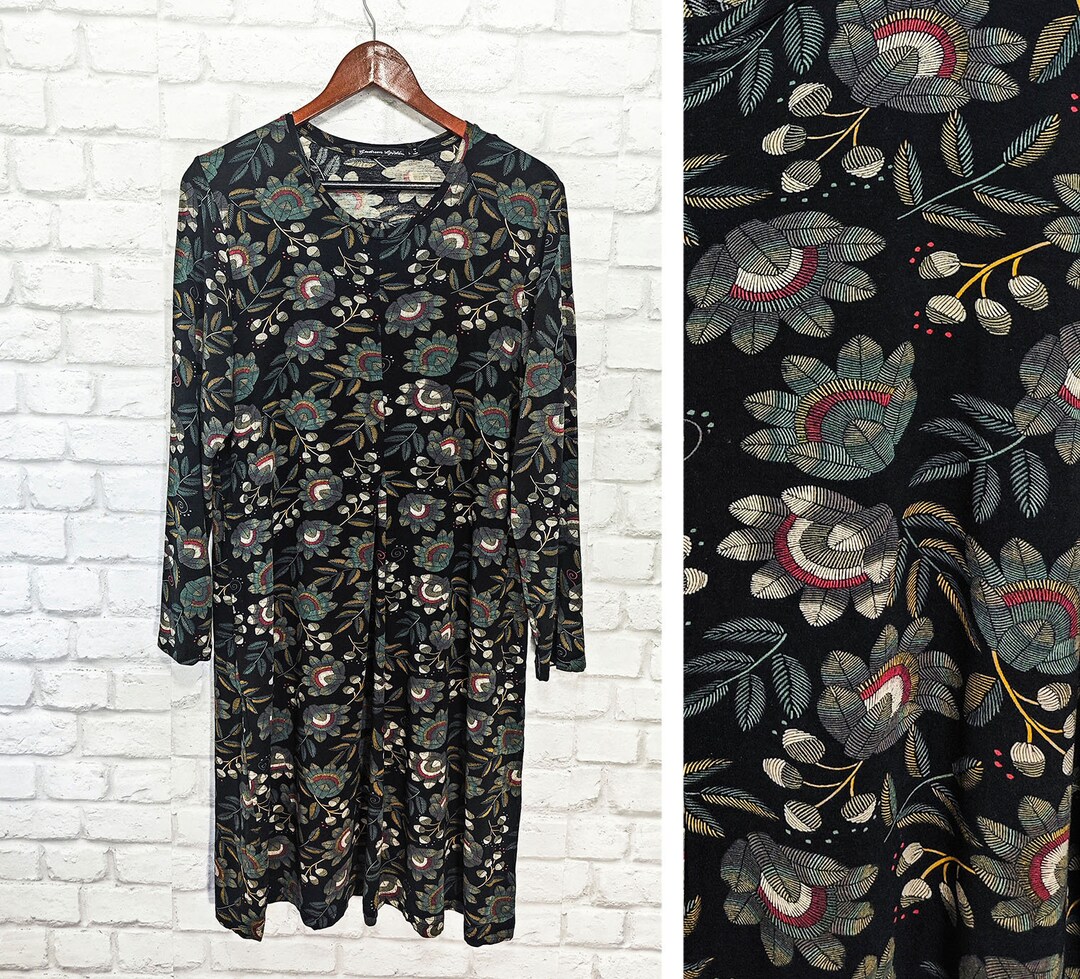 Gudrun Sjoden Vintage Floral Pattern Black Dress Long Sleeve Micromodal ...