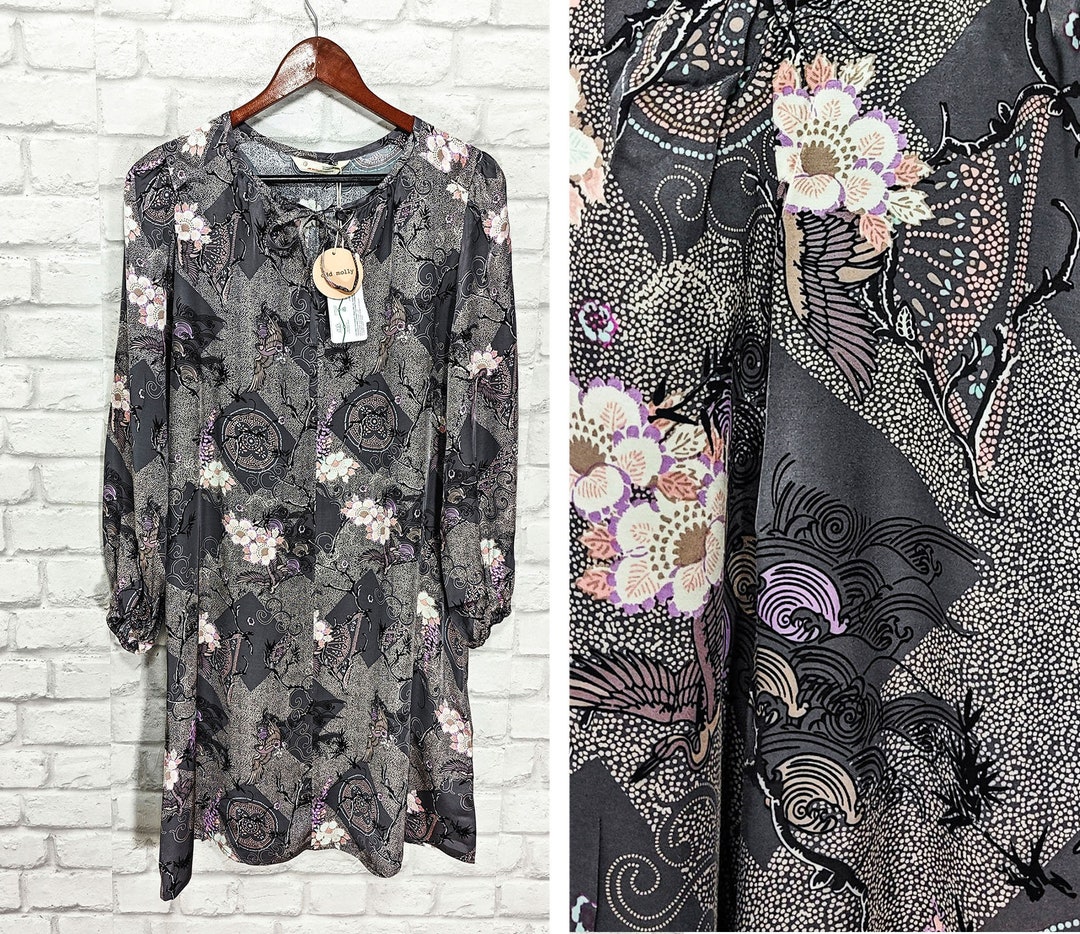Odd Molly Dress Silk Look Vintage Pattern Birds and Flowers Long Sleeve ...