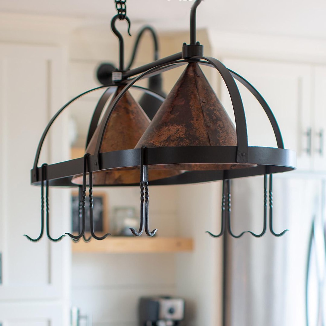 Dutch Oval Hand-forged Iron Pot Rack Light Fixture With Hand-fired ...