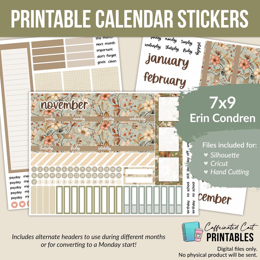 PRINTABLE Monthly Calendar Kit 7x9 Erin Condren 219 Vintage Floral ...