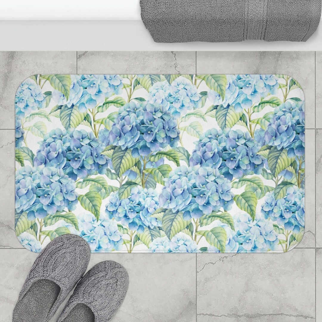 Cute Floral Bath Mat, Blue Hydrangea Flowers Bath Mat, Memory Foam Bath ...