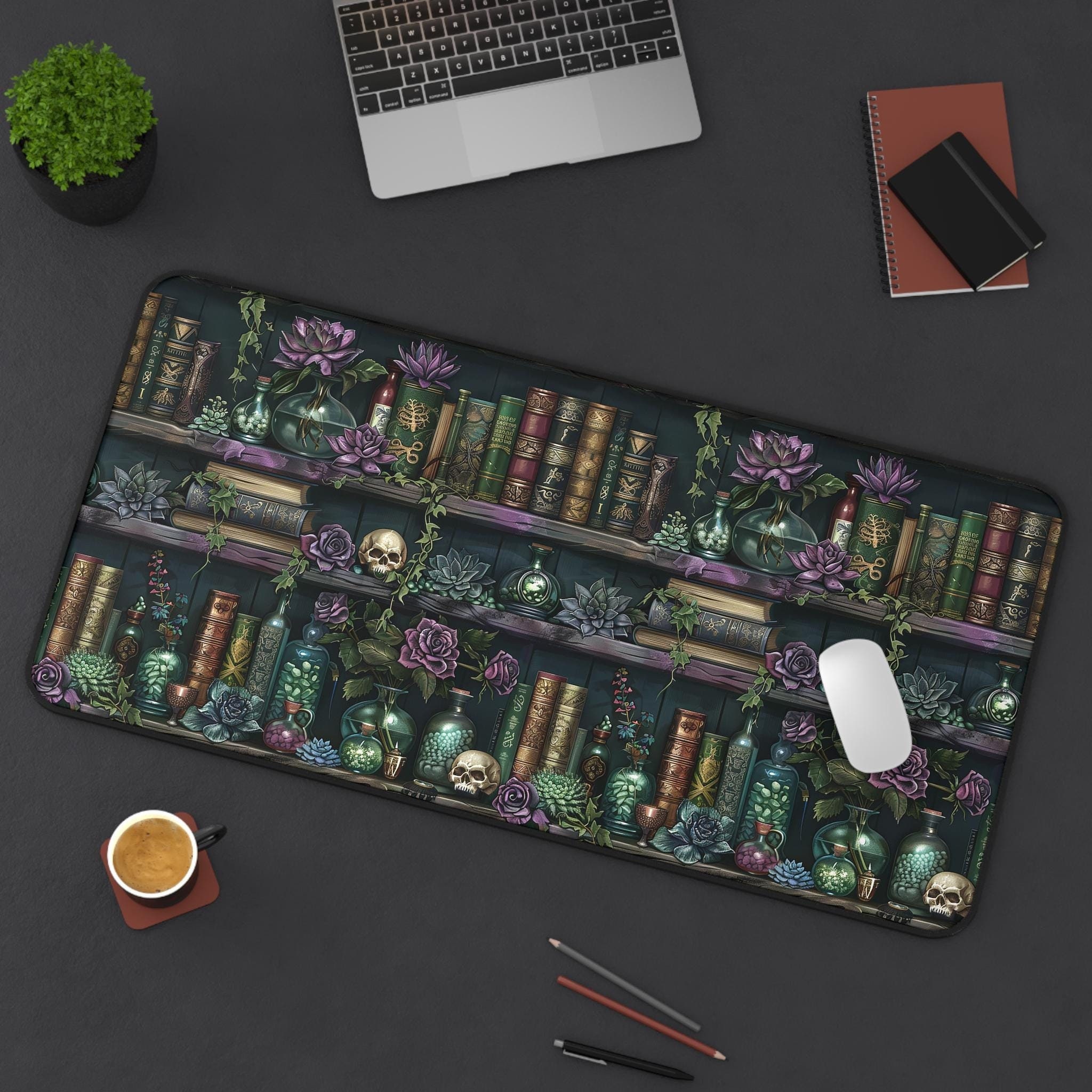 Purple Gothic Library Desk Mat Gaming, Bookish Skulls Desk Mat ...