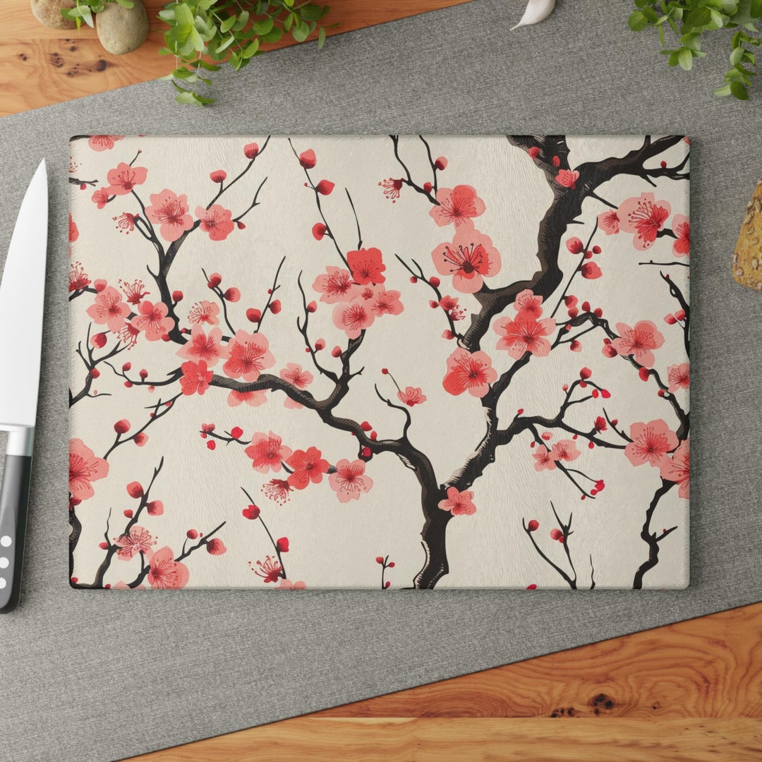 Japanese Sakura Cherry Blossom Glass Cutting Board, Spring Flowers ...