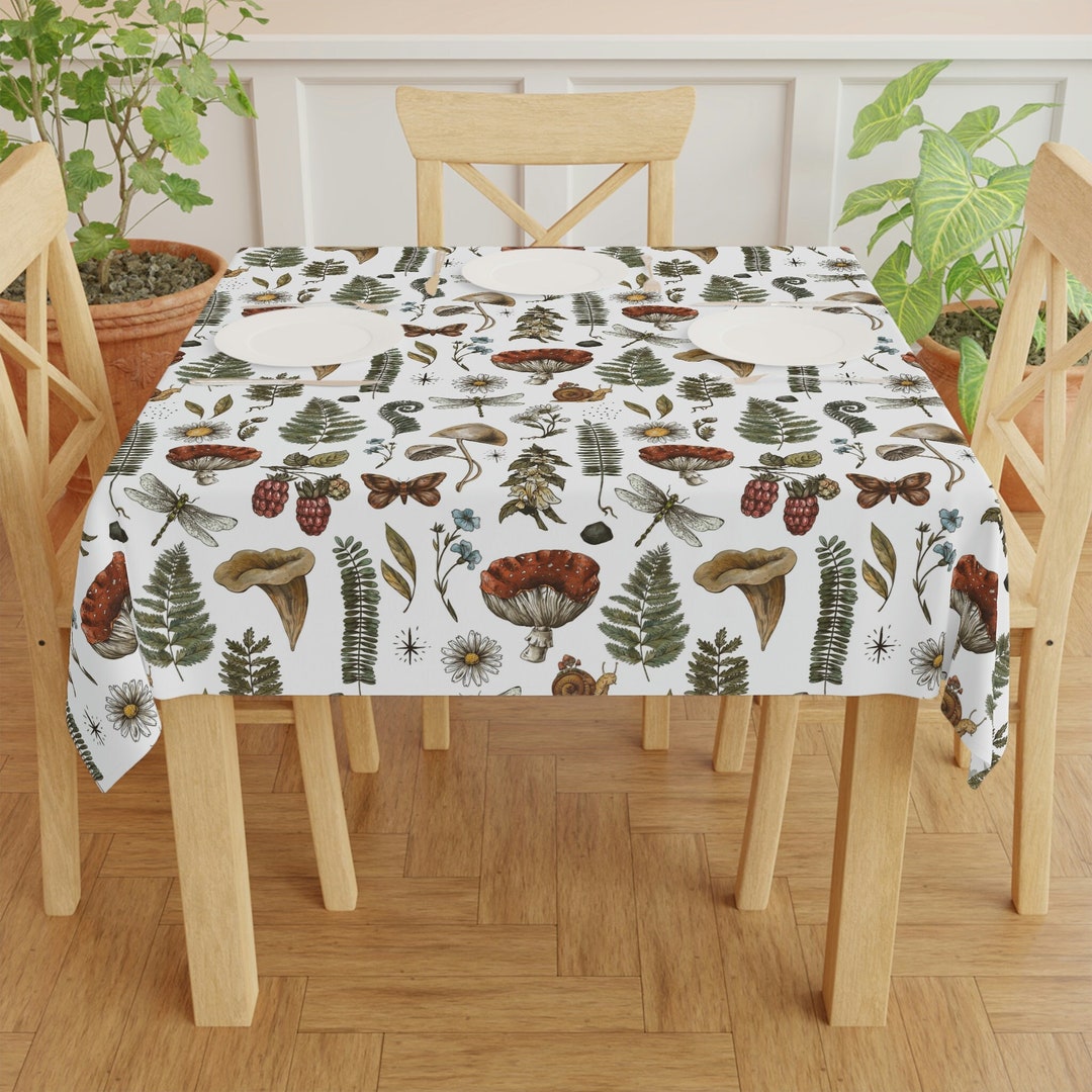 Cottagecore Mushrooms Tablecloth, Forest Plants Table Decor, Fern Moth ...