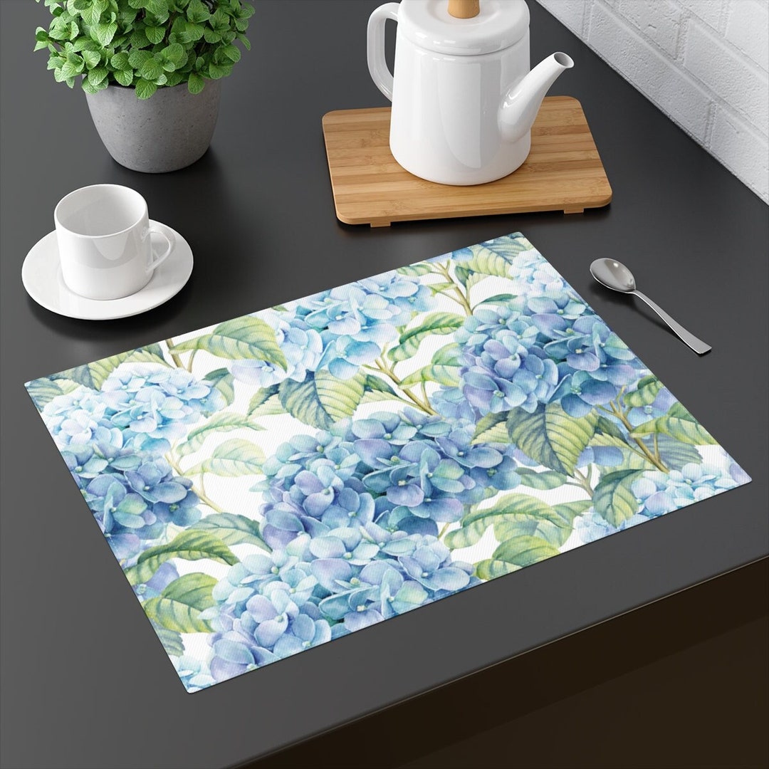 Blue Hydrangea Floral Placemats Set of 2/4/6/8, Botanical Cotton Dinner ...