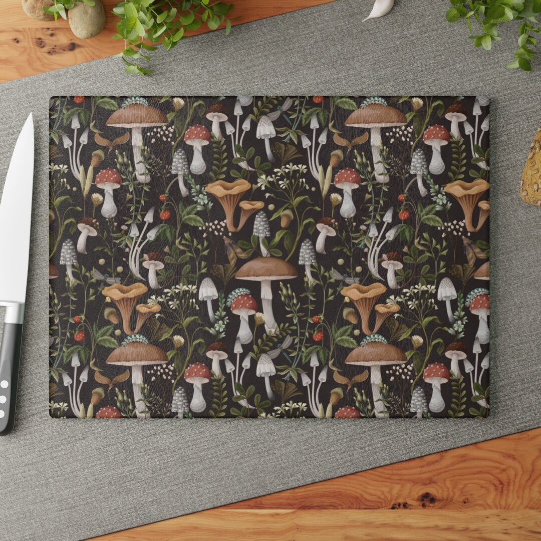 Mushrooms Forest Glass Cutting Board, Cottagecore Tempered Glass ...
