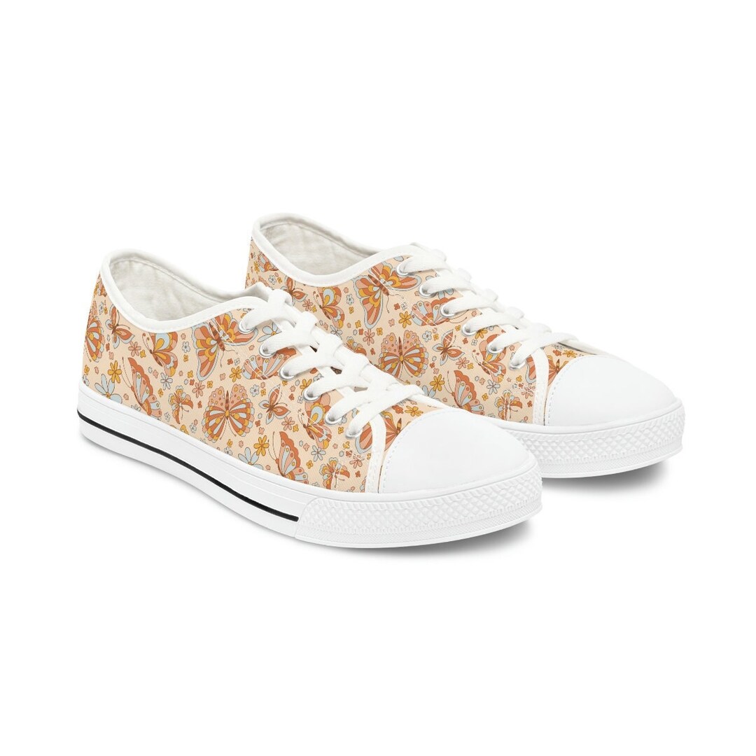 Retro Floral Boho Butterflies Women's Sneakers, Hippie Flowers Low Top ...