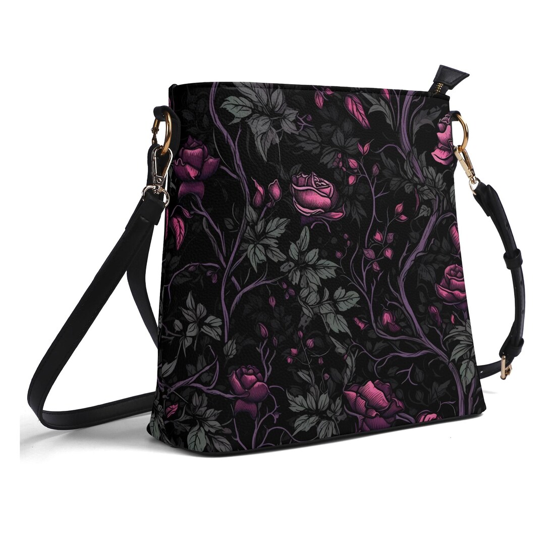 Floral PU Leather Hobo Bag, Pastel Goth Purple Roses Crossbody Bucket ...
