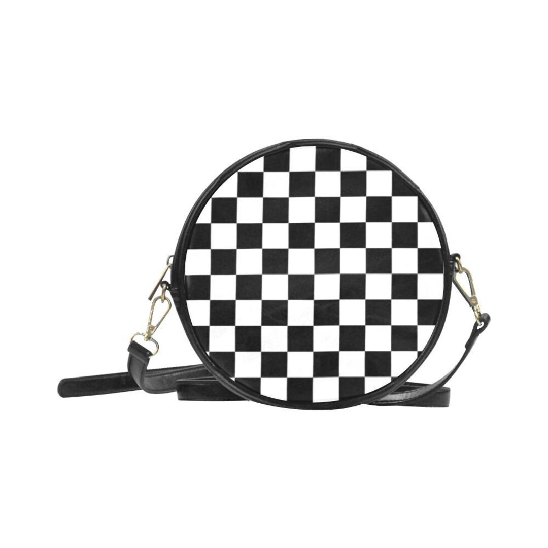 Black and White Check Round Purse, Checkered PU Leather Circle Bag ...