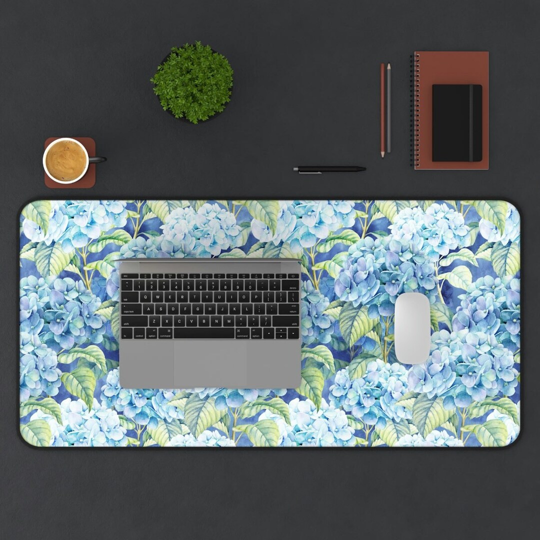 Blue Hydrangea Desk Mat Gaming, Floral Desk Mat Aesthetic, Blue Flowers ...