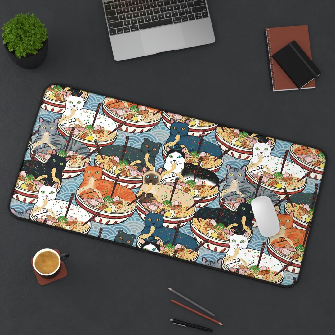 Cats Eating Ramen Desk Mat Gaming, Kawaii Japanese Desk Mat Aesthetic ...