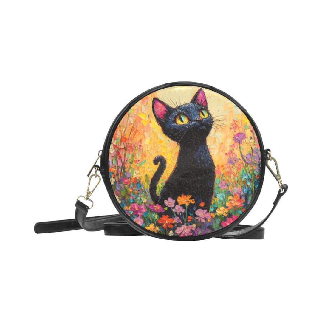 Black Cat Round Purse, PU Leather Circle Bag, Crossbody Sling Bag, Cute ...