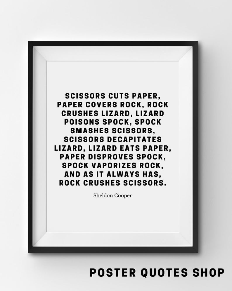 Print Big Bang Theory Sheldon Cooper Rock Paper Scissors 8x10 and 12x16 ...