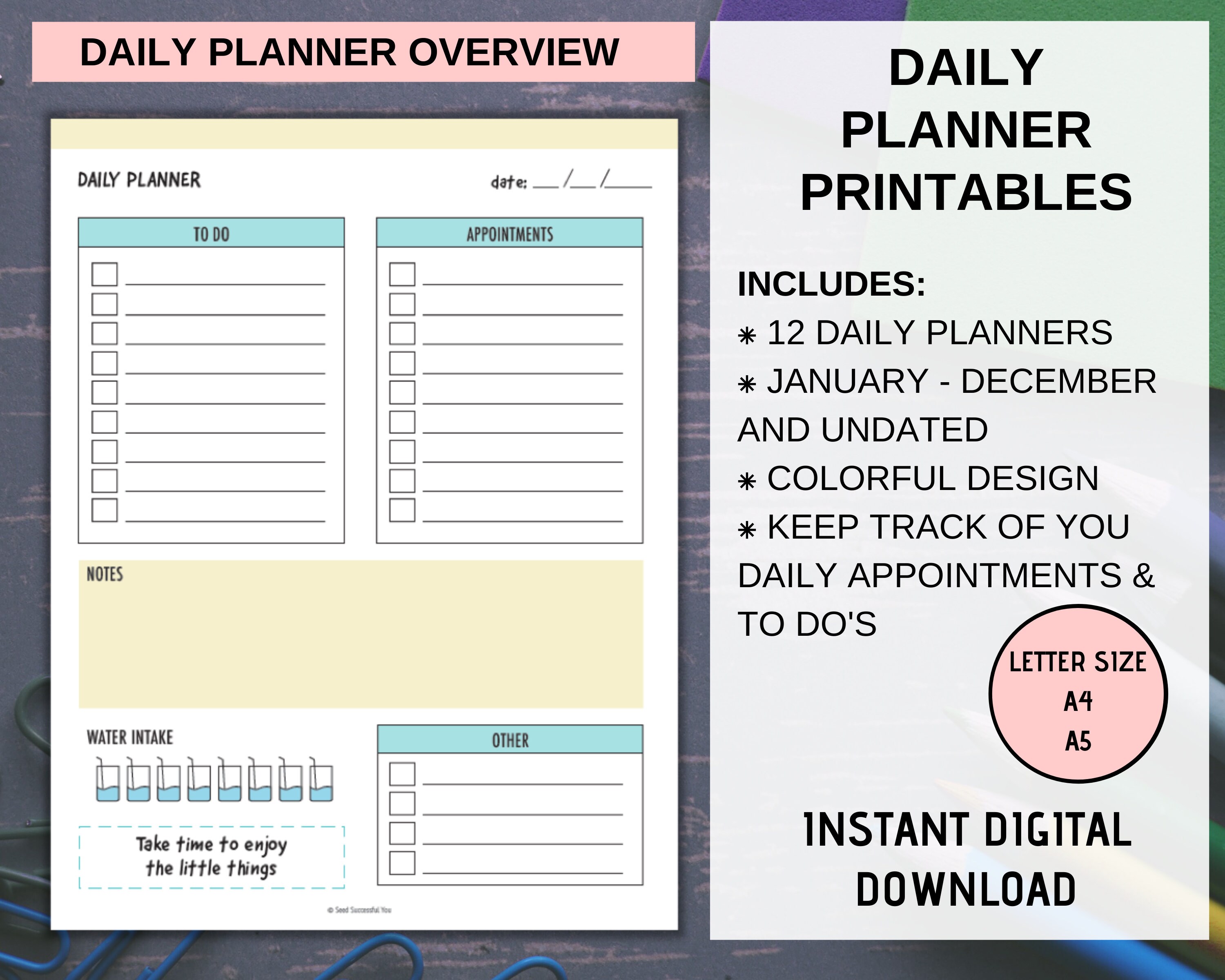 Daily Planner Printables Letter A4 A5 Instant Digital - Etsy