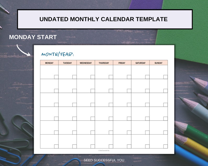 Undated Calendar Template Printable Monthly Calendar Bill Etsy