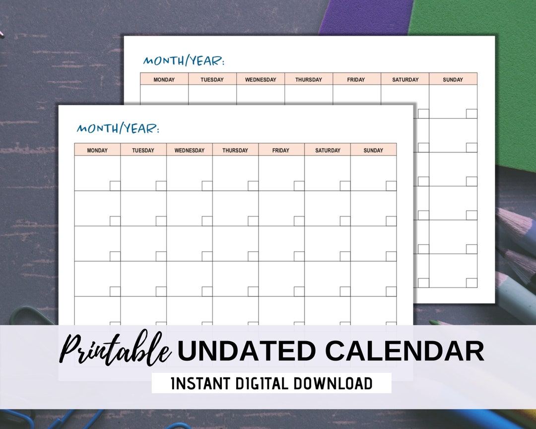 Undated Calendar Template | Printable Monthly Calendar | Bill Payment ...
