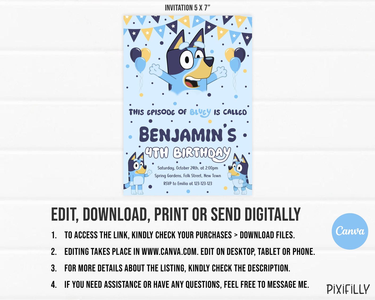 Bluey Birthday Party Invitation Cards Editable Bluey Birthday ...