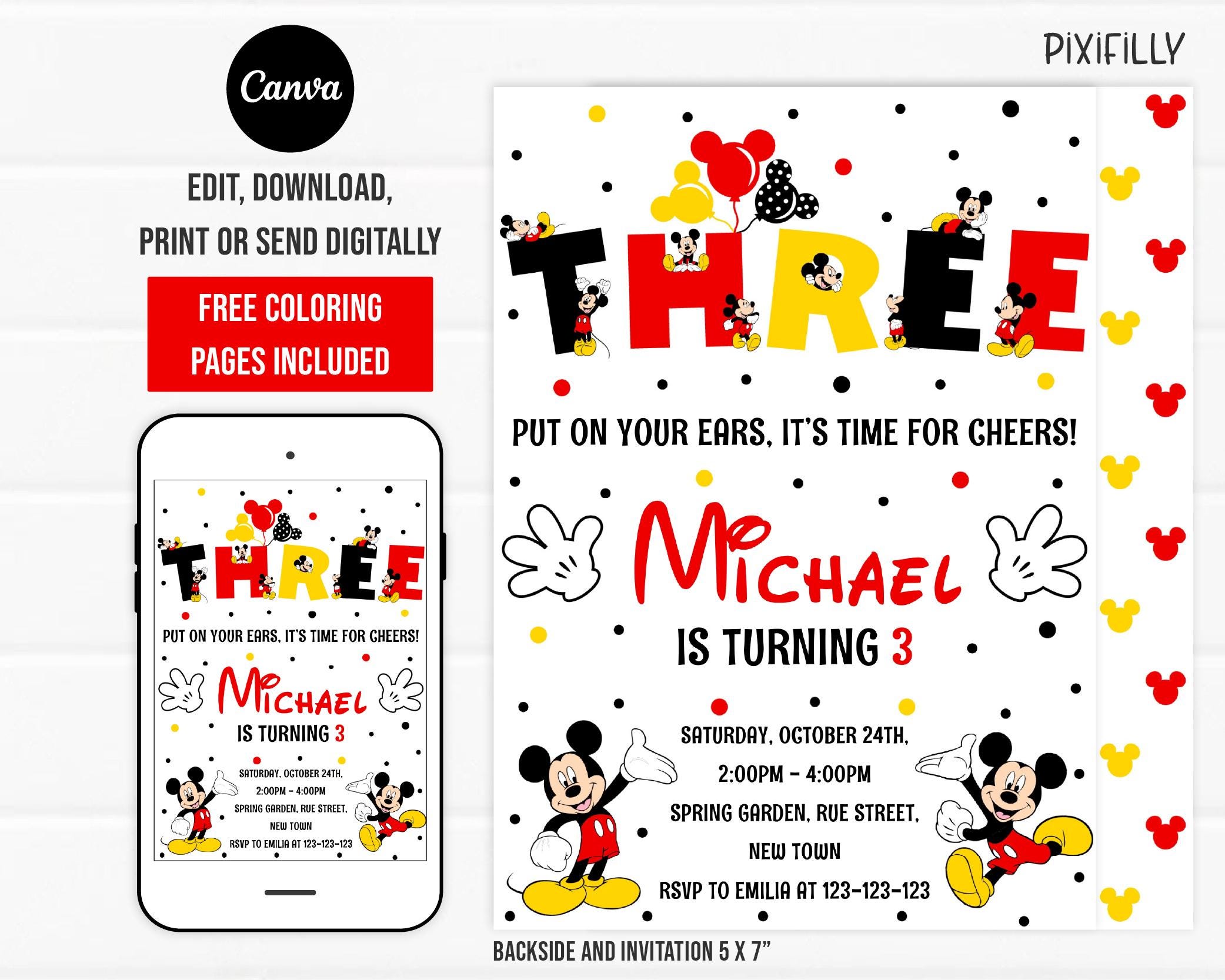 Mickey Mouse Birthday Invitation Editable Mickey Mouse 3rd Birthday ...