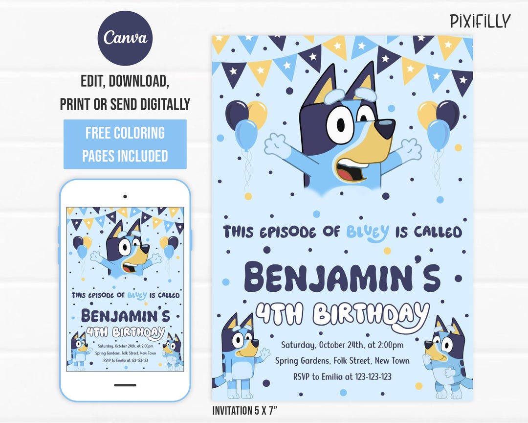 Bluey Birthday Party Invitation Cards Editable Bluey Birthday ...