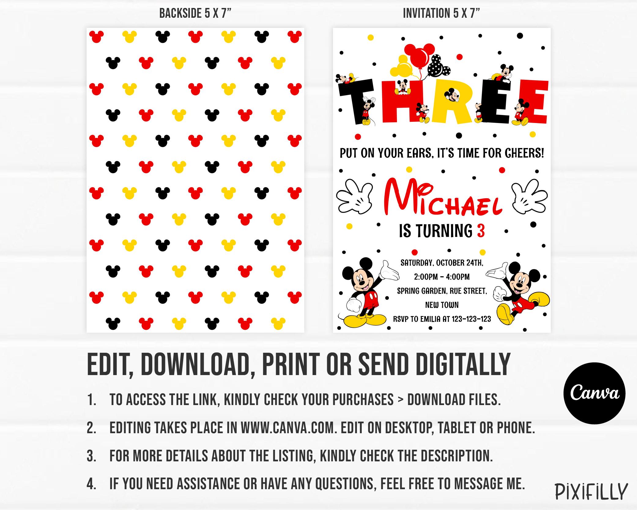 Mickey Mouse Birthday Invitation Editable Mickey Mouse 3rd Birthday ...