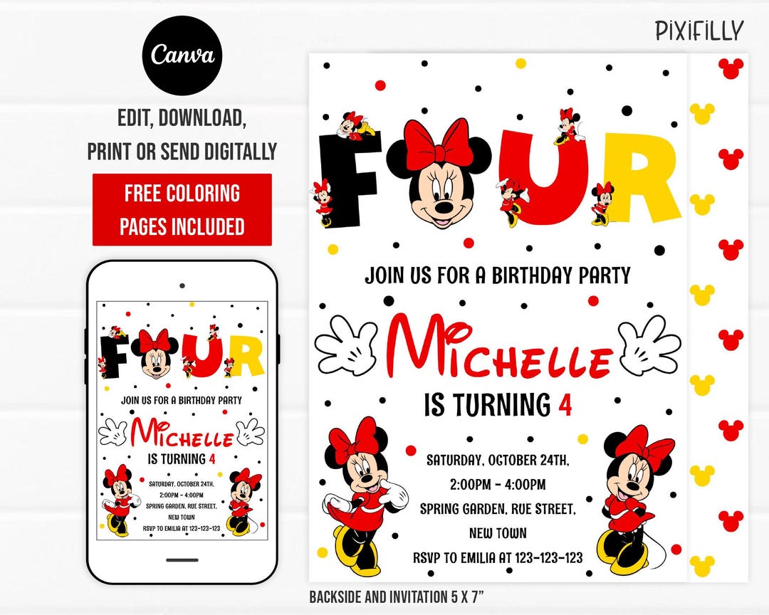 Minnie Mouse 4th Birthday Invitation Editable Minnie Mouse Birthday ...