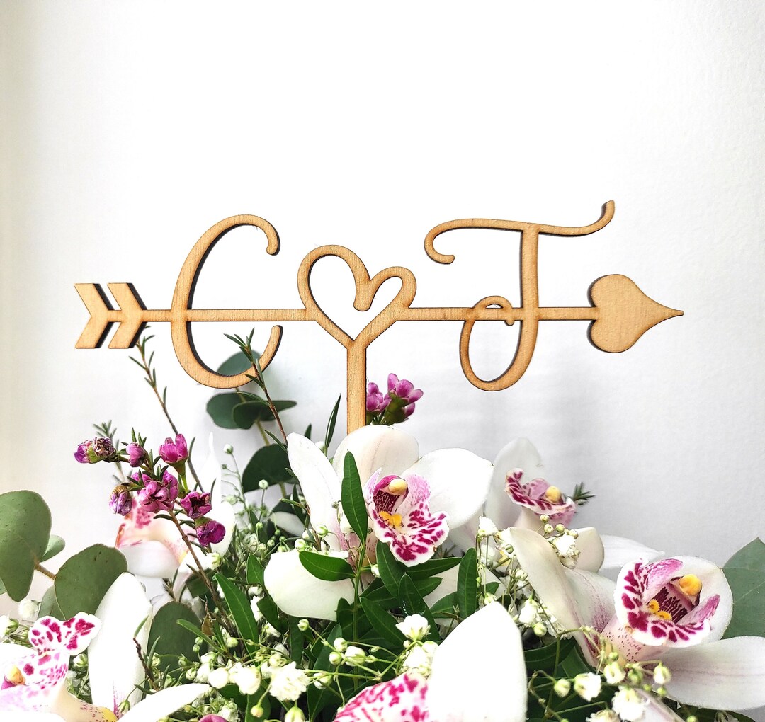 Rustic Arrow Wedding Cake Topper Personalized Wood Initials Topper Gold ...