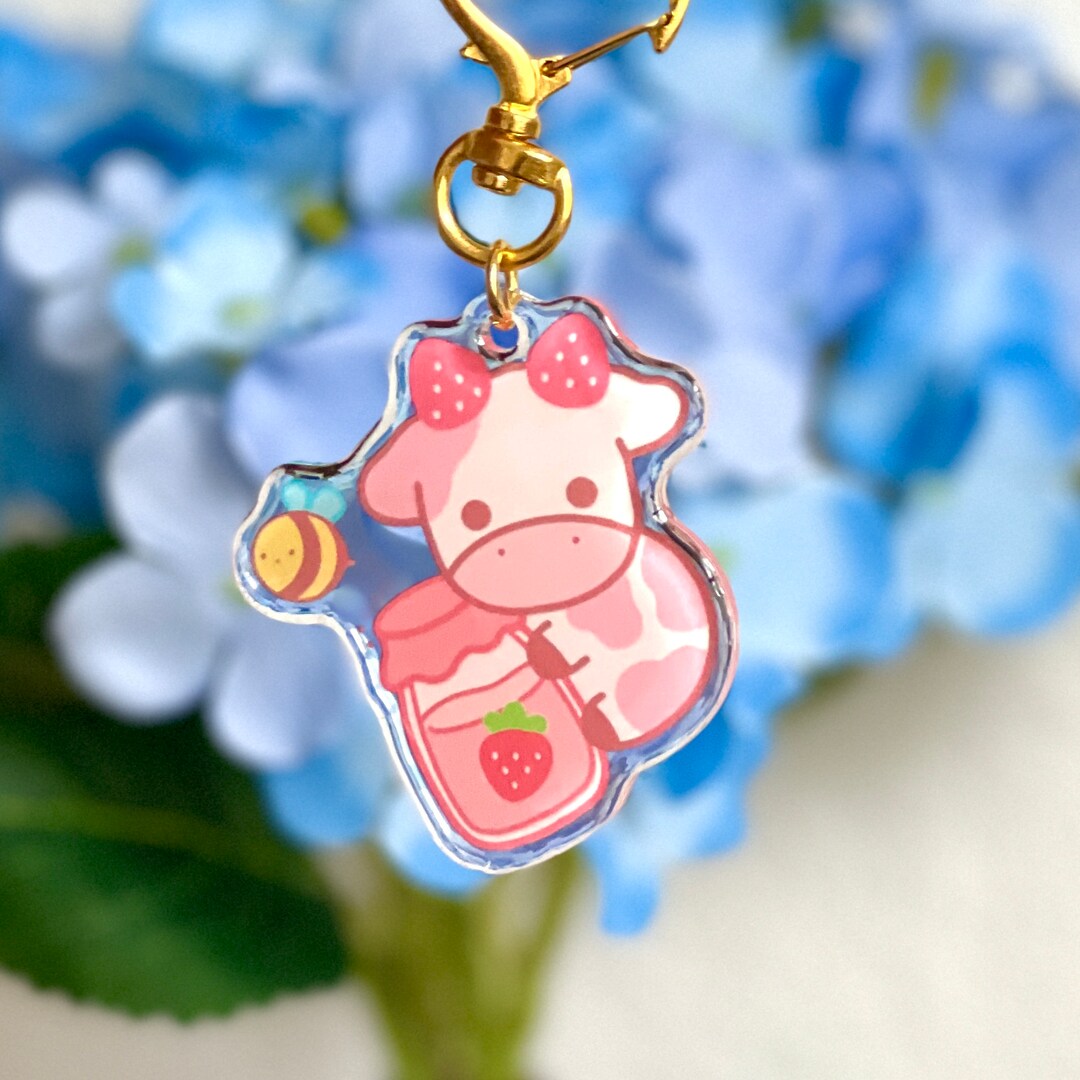 Strawberry Cow Keychain Cute Keychain Kawaii Keychain - Etsy