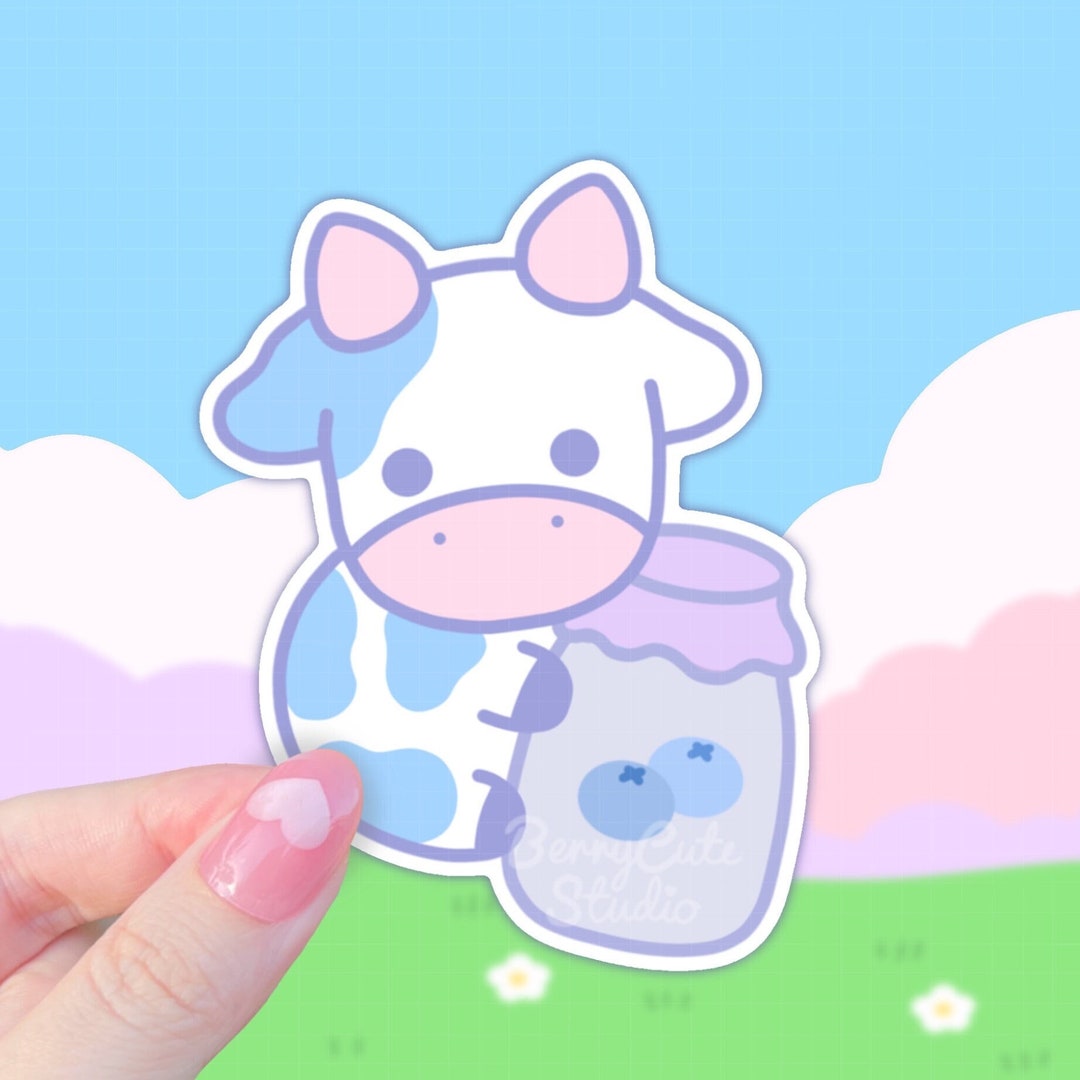 Blueberry Cow Sticker, Kawaii Cute Cow Stickers, Pastel Blue Cow With ...