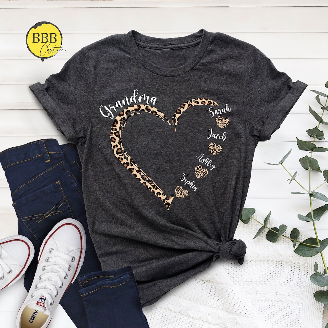 Personalized Leopard Heart Grandma Shirt, Grandkids Names, Mother's Day ...