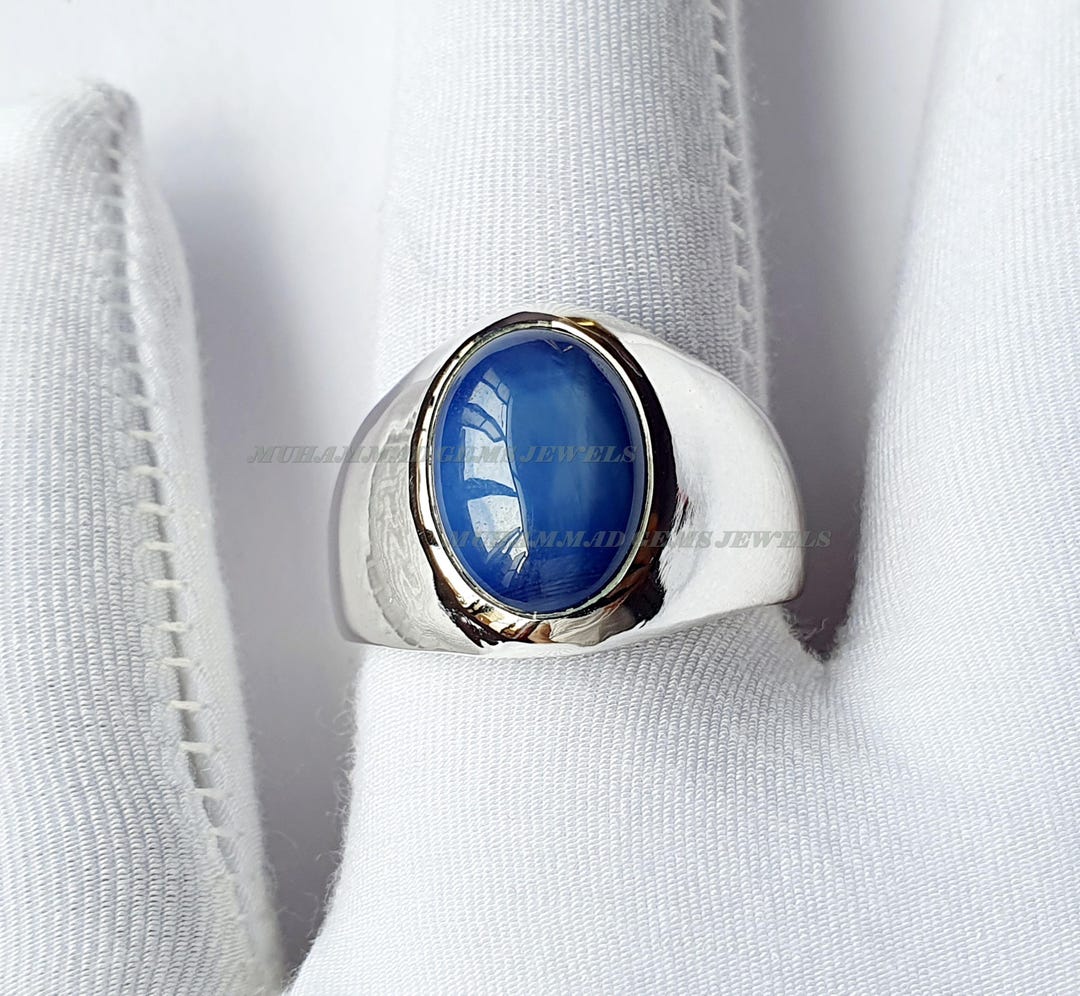 Landy Blue Star Sapphire Ring, 18K Solid White Gold Ring, Men's Blue ...