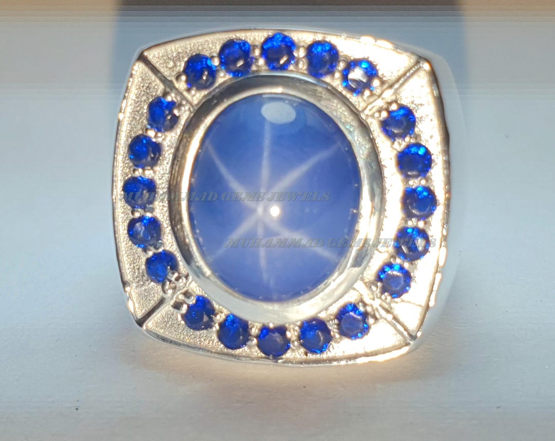 Blue Star Sapphire Men's Ring, Sapphire Gemstone Ring, 14k White Gold ...