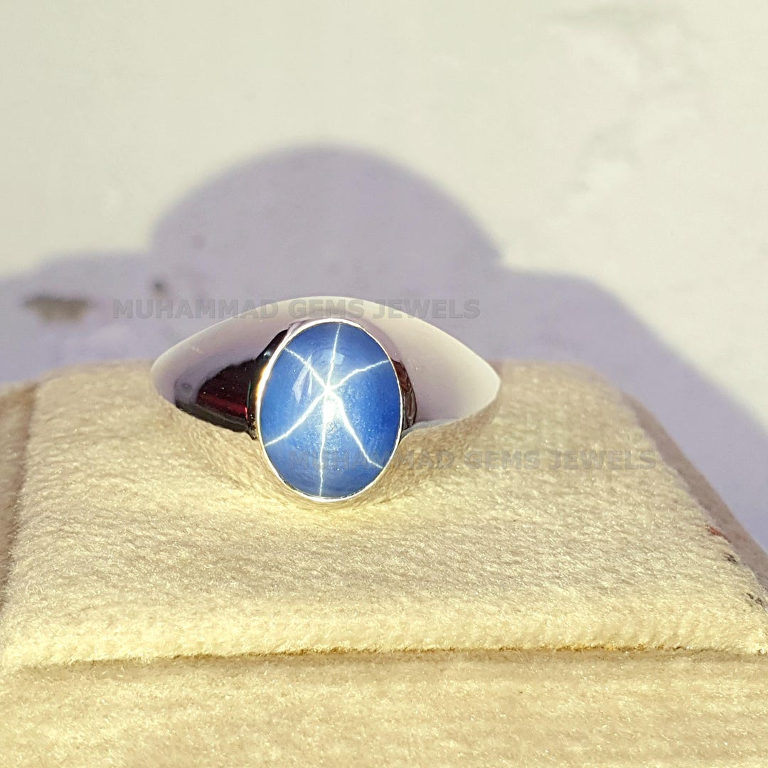 Men's Blue Star Sapphire Ring, Landy Blue Star Sapphire Ring, 18K Solid ...