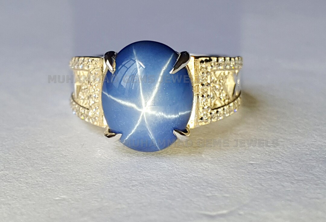 Landy Blue Star Sapphire Ring, 14K Solid White Gold Ring, Genuine Blue ...