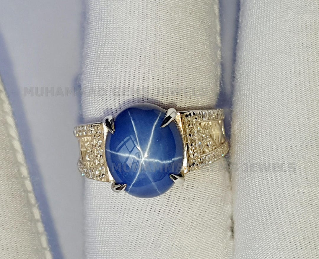 Landy Blue Star Sapphire Ring, 10K Solid White Gold Ring, Genuine Blue ...