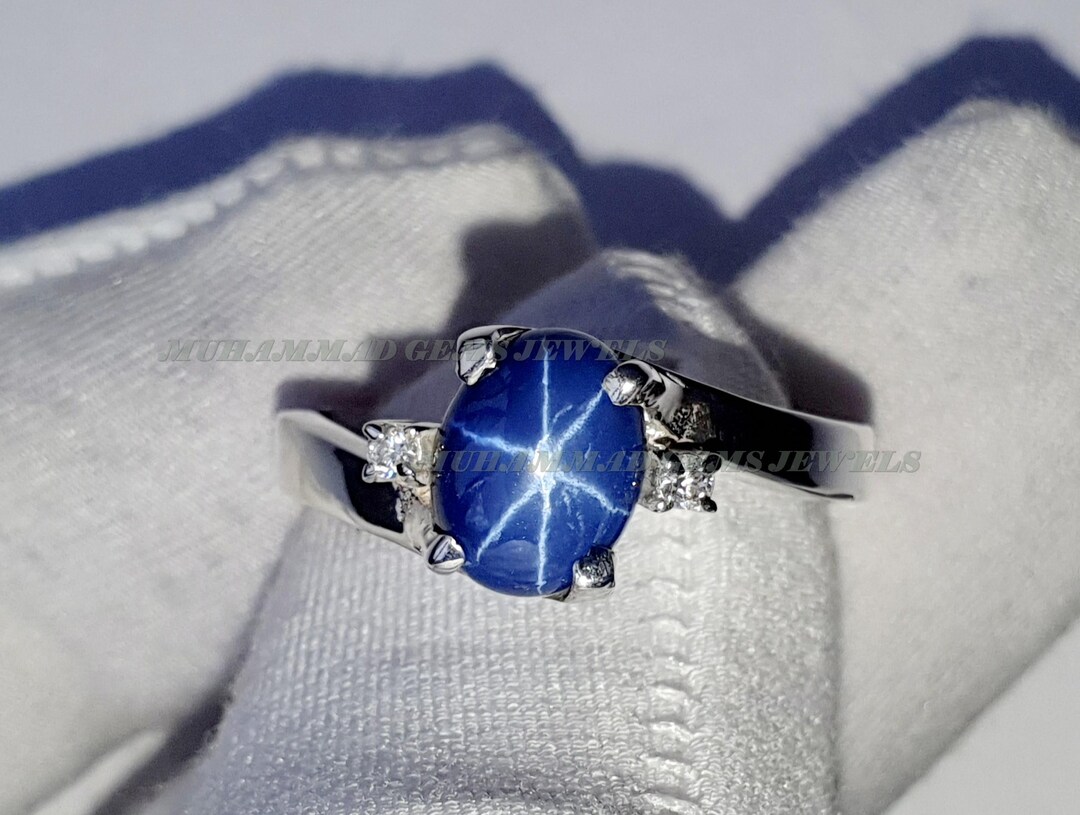 Landy Blue Star Sapphire Ring, 10K Solid White Gold Ring, Women's Blue ...