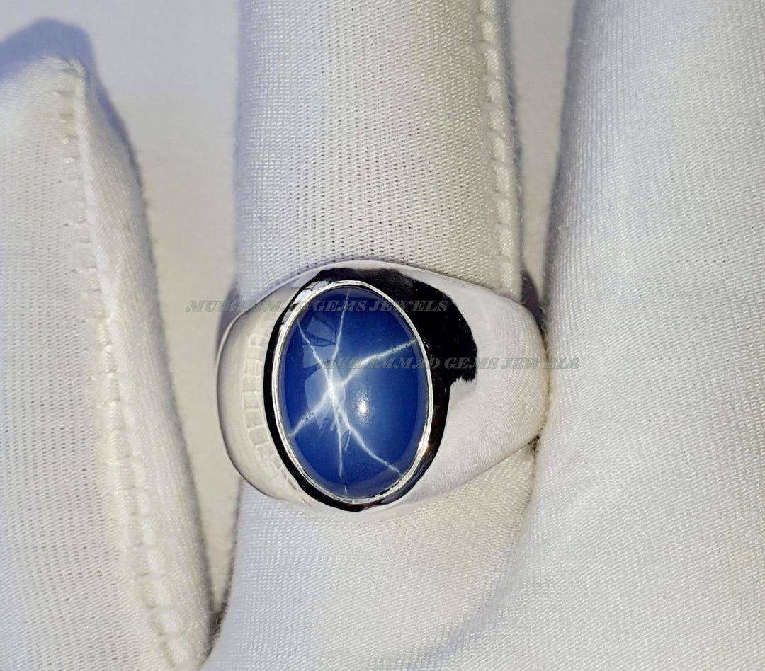Landy Blue Star Sapphire Ring, 10K Solid White Gold Ring, Men's Blue ...