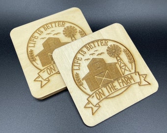 Farm/barns and Country Themed Wooden Coaster Set, Laser Engraved ...