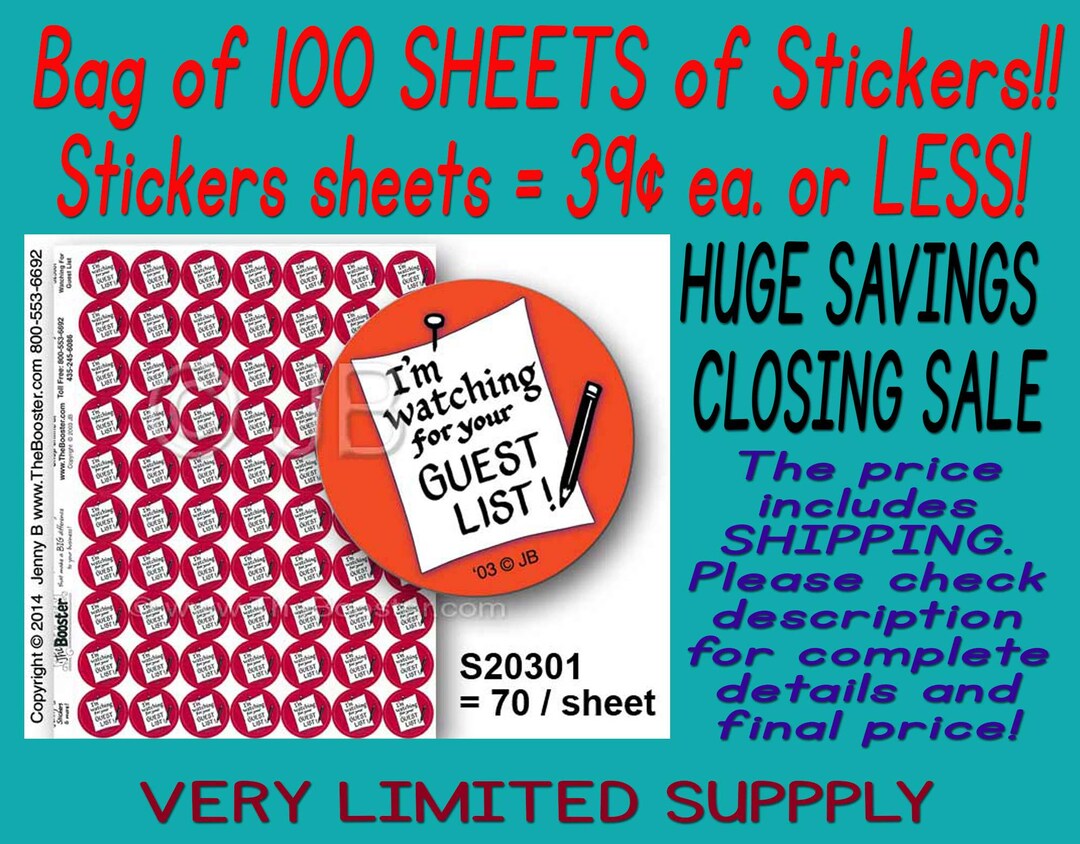 Bag of 100 Sheets of Watching Guest List HOST STICKERS Coaching ...