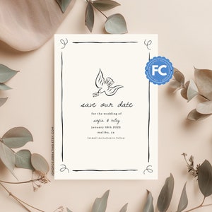 Sofia | Fully Customizable Dove Save the Date, Minimalist Line Drawing ...