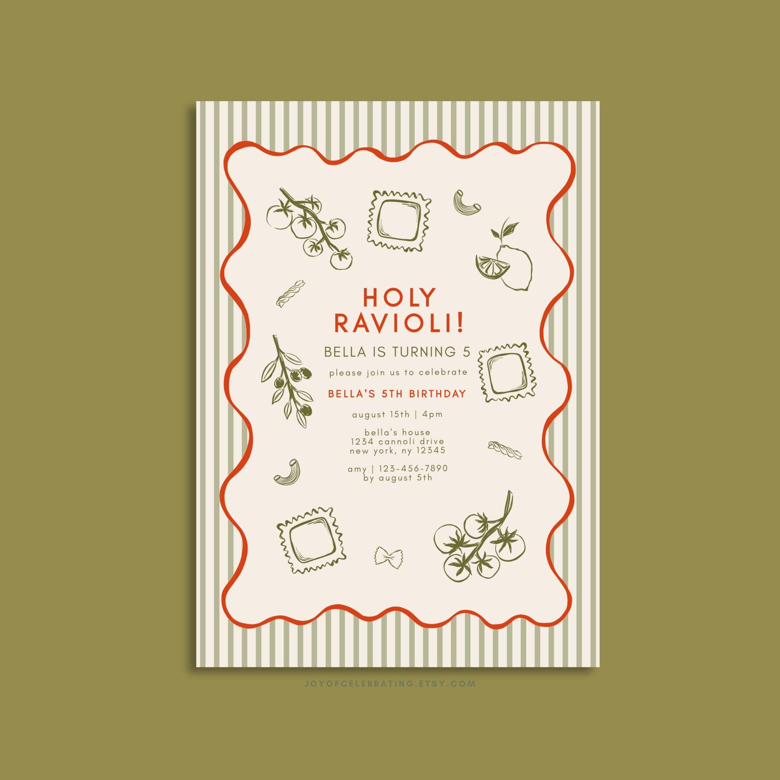 Bella | Holy Ravioli Birthday Invitation Template, Green and Red, Hand ...