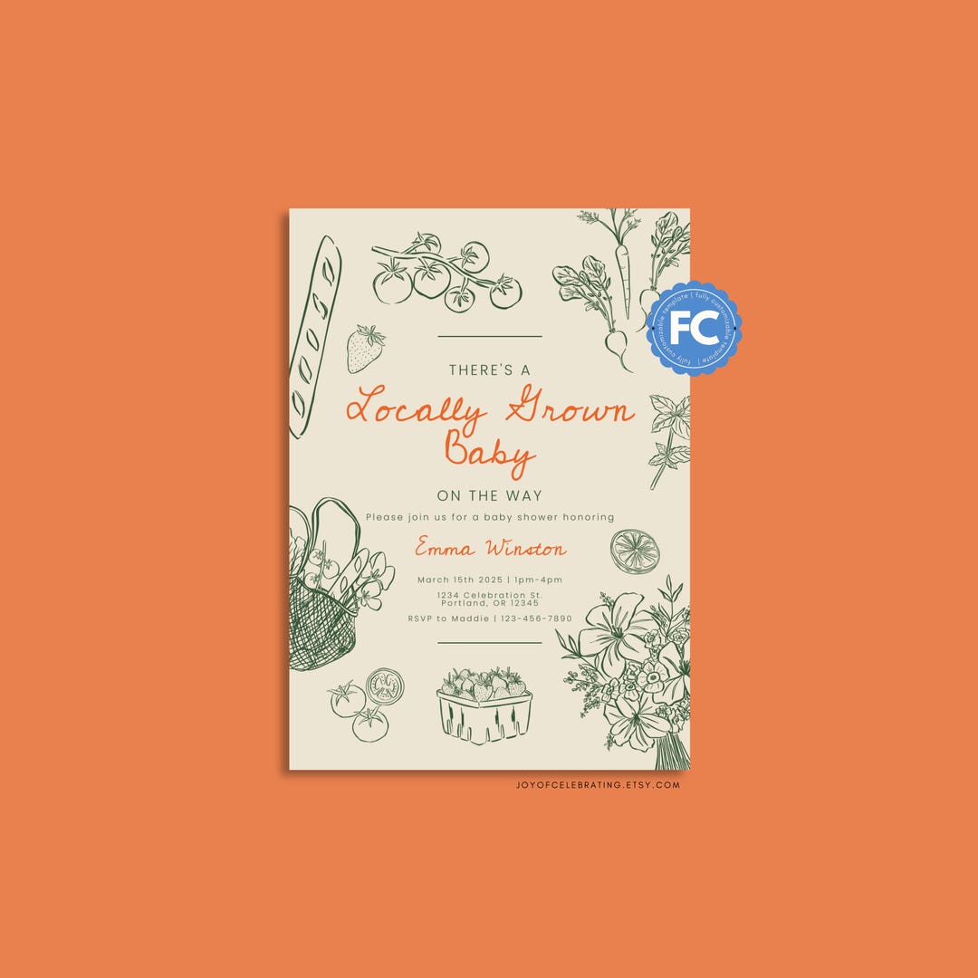 Emma Script | Locally Grown Baby Shower Invitation Template, Fully ...
